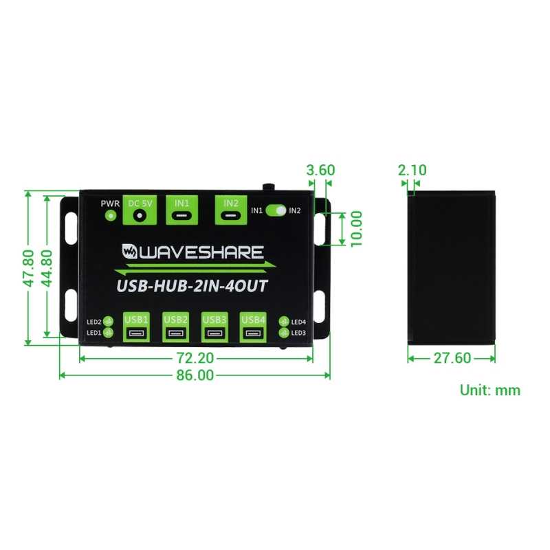 WAVESHARE USB HUB INDUSTRIAL, 4 PUERTOS Y 2 HOSTS CONMUTABLES